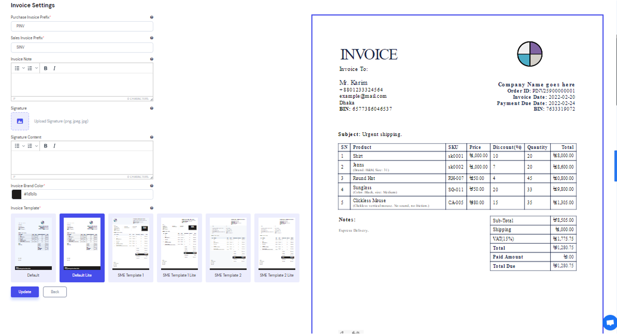 Invoice Settings - SMEVai